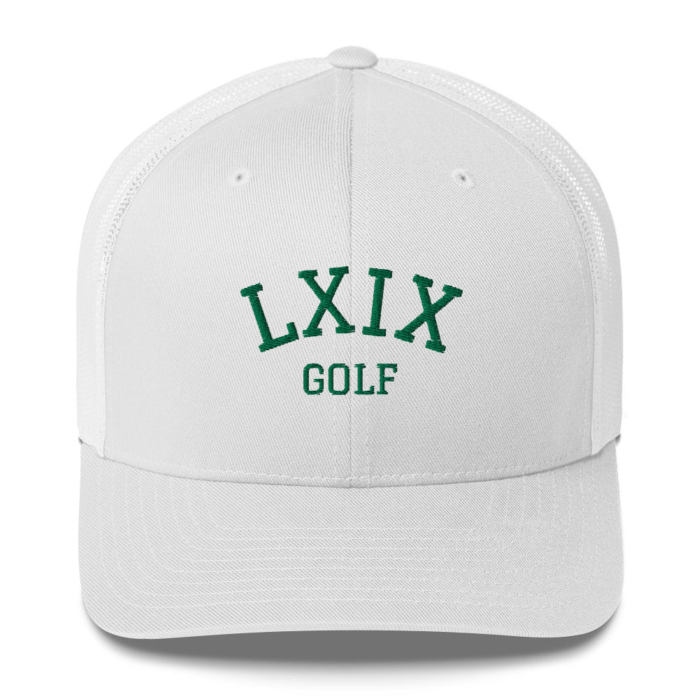 Collegiate Arch Trucker Cap - Green Logo – LXIX GOLF CLUB